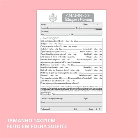 Ficha De Anamnese Piercing E Tatuagem 100 Folha Em Bloquinho