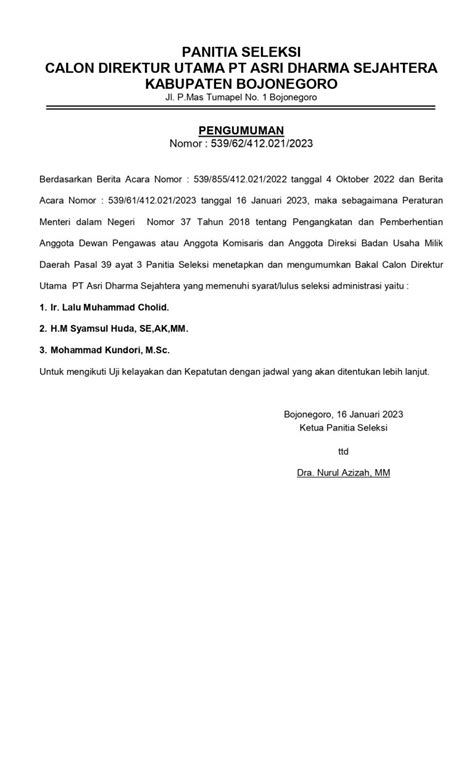Pengumuman Seleksi Calon Direktur Utama PT Asri Dharma Sejahtera ADS