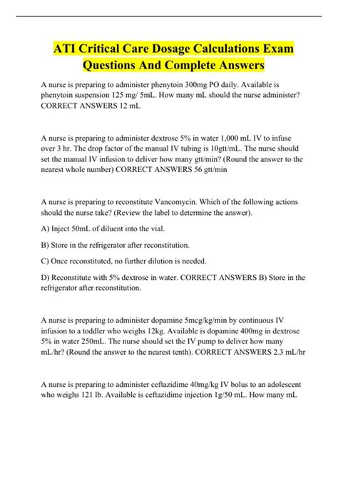 ATI Critical Care Dosage Calculations Exam Questions And Complete