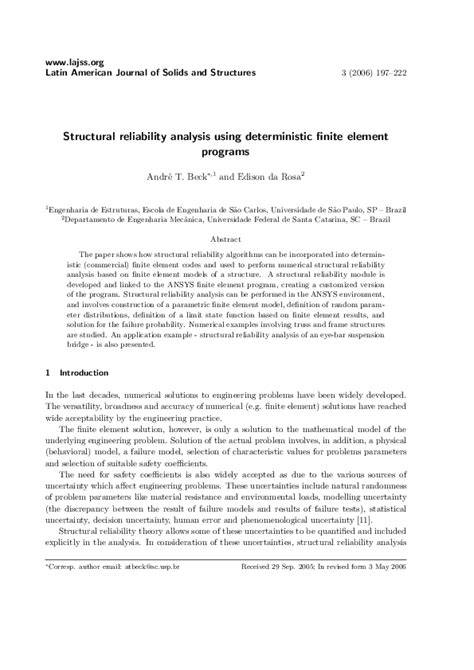 pdf structural reliability analysis using deterministic finite element programs edison da