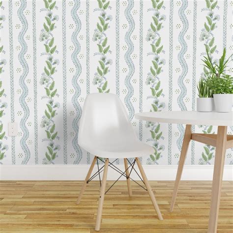 Pre Pasted Wallpaper 2FT Wide Soft Blue Greens White Stripe Green