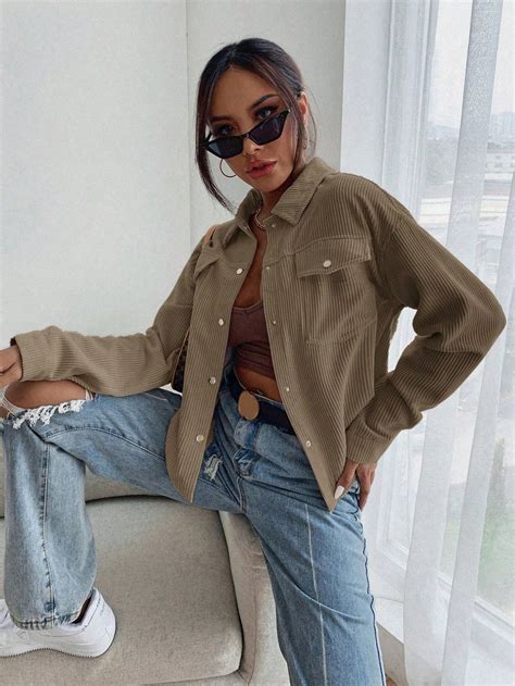 Shein Ezwear Cazadora Con Bolsillo Con Solapa De Hombros Ca Dos De Pana