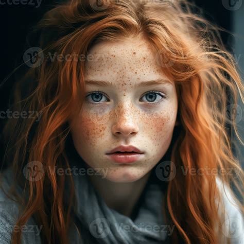 Teenager With Freckles On Her Face And Red Hair Posing AI Generated