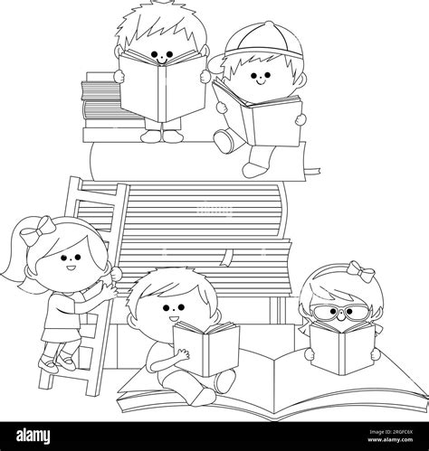 Niños leyendo libros Vector página para colorear en blanco y negro