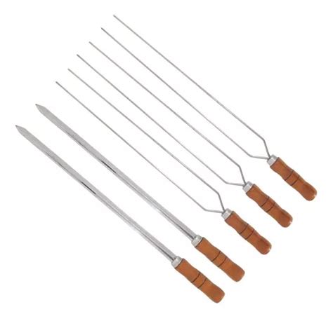 Kit 5 Espetos Inox 80cm Cabo De Madeira Espada E Duplo