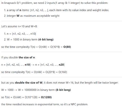 complexity theory why a knapsack problem is not solvable in a polynomial time with an