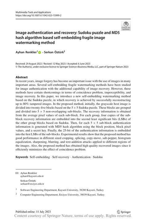 image authentication and recovery sudoku puzzle and md5 hash algorithm based self embedding