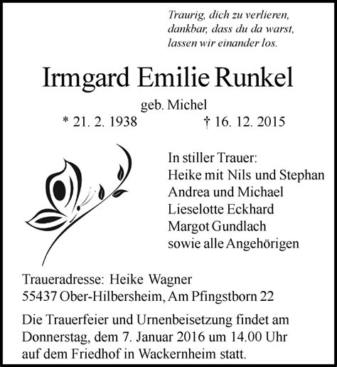 Traueranzeigen Von Irmgard Emilie Runkel Vrm Trauer De