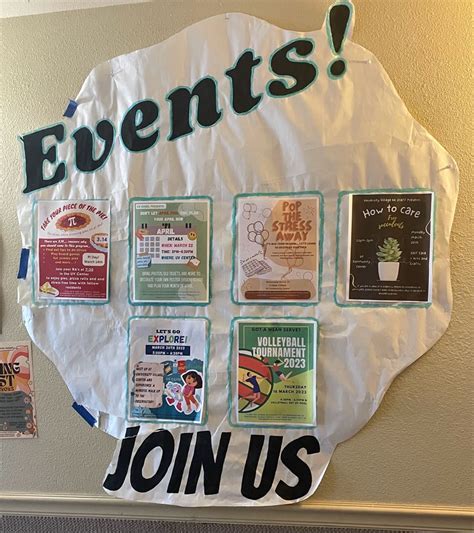 A Bulletin Board That Has Been Decorated With Posters And Magnets On It