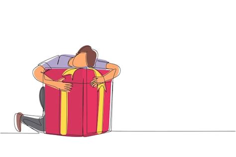 Premium Vector Continuous One Line Drawing Happy Man Hugging Present