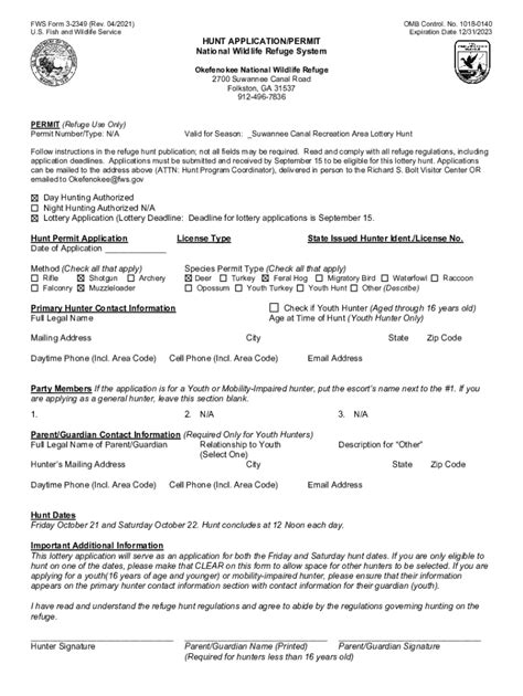 Fillable Online HUNT APPLICATION PERMIT National Wildlife Refuge System