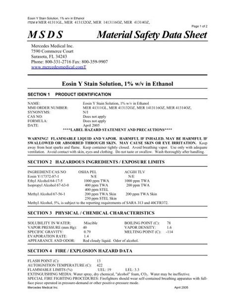 M S D S Material Data Safety Sheet Mercedes Medical