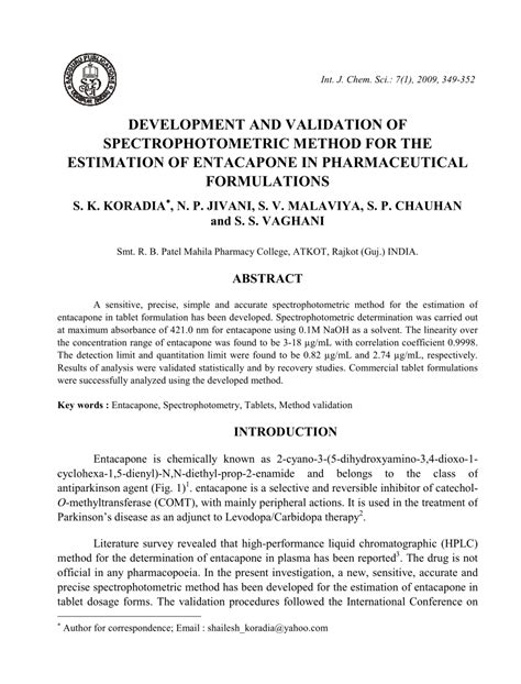 pdf development and validation of spectrophotometric method for the estimation of entacapone