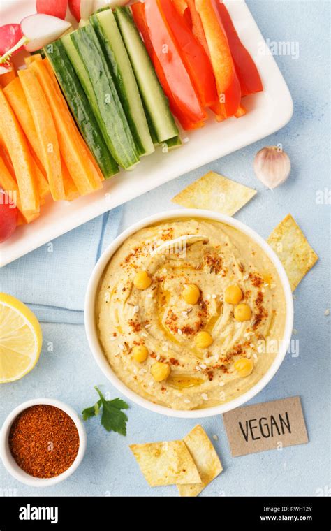 Hummus Dip Served With Fresh Vegetable Sticks Healthy Vegan Food Stock