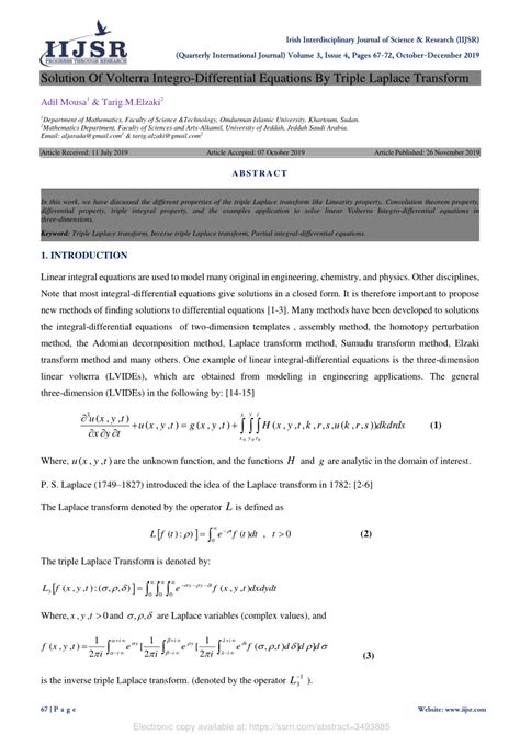 pdf solution of volterra integro differential equations by triple laplace transform