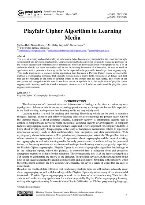 pdf playfair cipher algorithm in learning media