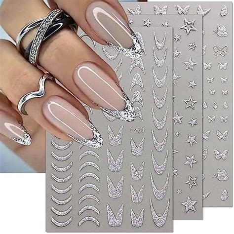 3D Glitter Silber French Nail Sticker 8 Blätter Schmetterling