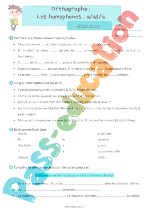 Les homophones a as à Exercices d orthographe pour le cm1 PDF à