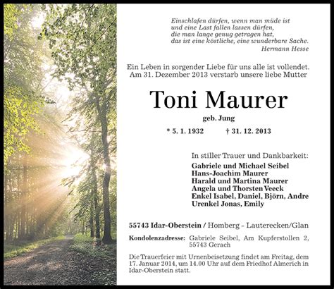 Traueranzeigen Von Toni Maurer Rz Trauer De