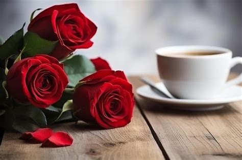 Premium Photo A Cup Of Coffee And Some Red Roses On A Table