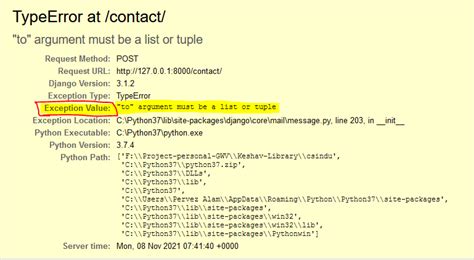 python typeerror at contact to argument must be a list or tuple django stack overflow