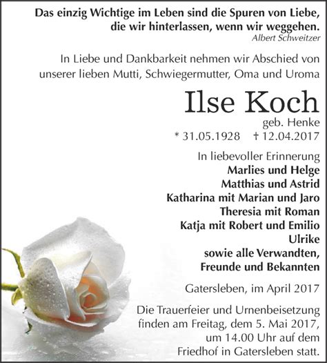 Traueranzeigen Von Ilse Koch Abschied Nehmen De