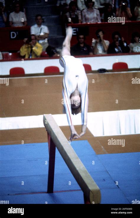 Romania S Nadia Comaneci In Action On The Beam Stock Photo Alamy