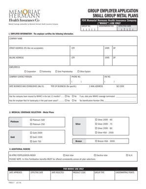 Fillable Online Group Employer Application Small Group Metal Plans