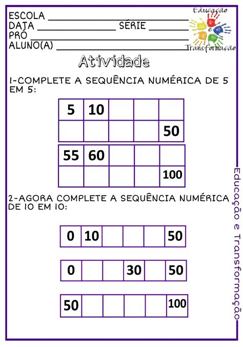 Sequência numérica Atividades Escolares