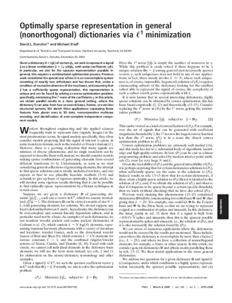 pdf optimally sparse representation in general nonorthogonal dictionaries via 1 minimization