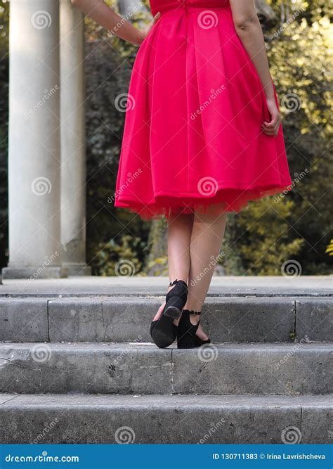 Brunette Girl Posing In Park In Red Dress With Naked Back Stock Image