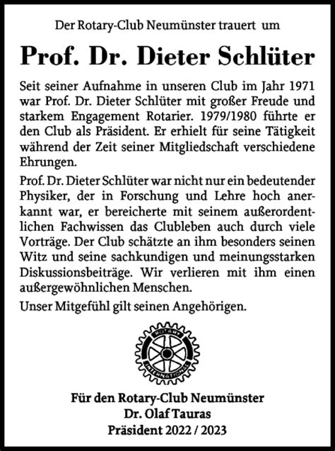 Traueranzeigen von Prof Dr Dieter Schlüter sh z Trauer