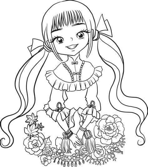 página para colorear niña kawaii anime lindo dibujos animados