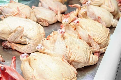 Fresh Homemade Chicken Carcass On The Counter Of The Meat Pavilion Raw
