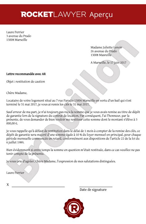 Lettre Restitution Caution Propri Taire