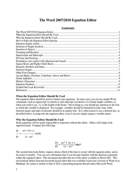 equation editor shortcut commands pdf
