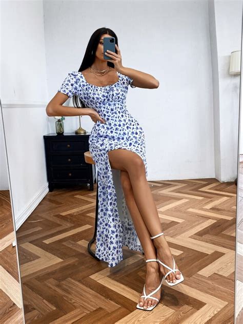 SHEIN Frenchy Vestido Con Estampado Floral De Cuello Cuadrado De Muslo