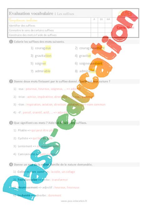 Les suffixes au Ce2 Évaluation bilan PDF à imprimer