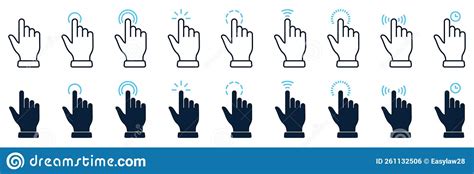 Hand With Finger Digital Mouse Click Line And Silhouette Icon Set