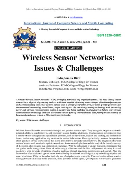pdf wireless sensor networks issues and challenges﻿ ijcsmc journal