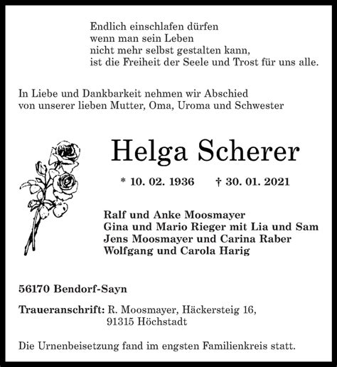 Traueranzeigen Von Helga Scherer Rz Trauer De