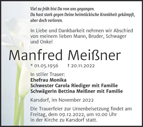 Traueranzeigen Von Manfred Mei Ner Abschied Nehmen De