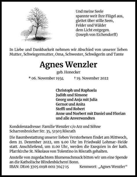 Traueranzeigen Von Agnes Wenzler WirTrauern