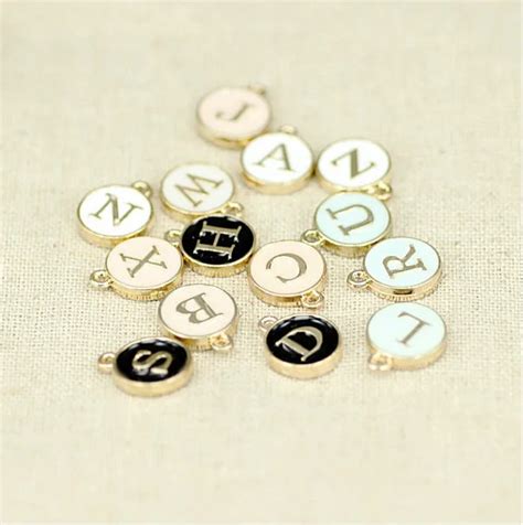26pcs Gold Color Enamel Alphabet Letter Initial Round Charms Double