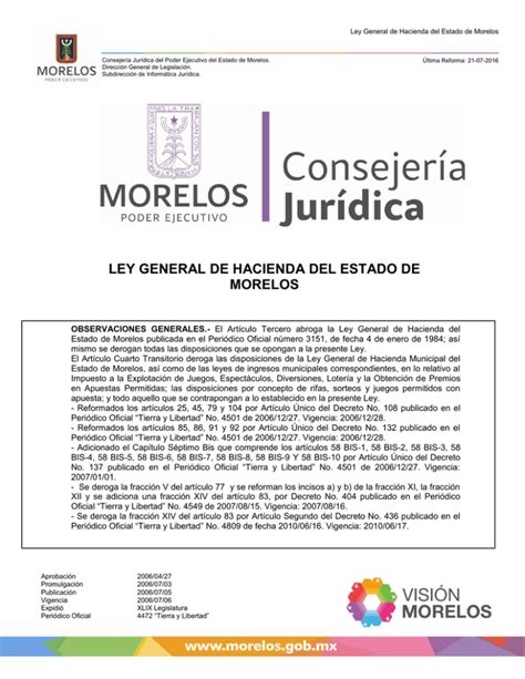 Ley General De Hacienda Del Estado De Morelos