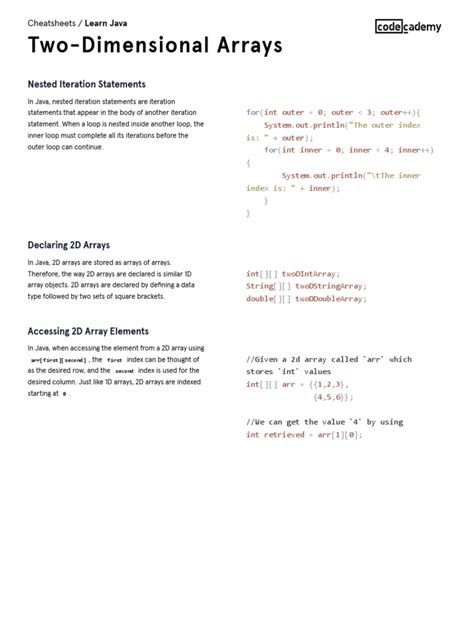 learn java two dimensional arrays cheatsheet codecademy pdf array data structure