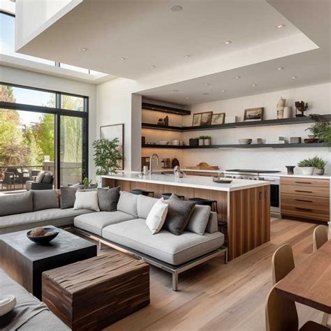A Living Room Filled With Furniture Next To A Kitchen