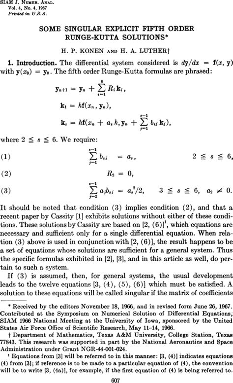 some singular explicit fifth order runge kutta solutions siam journal on numerical analysis