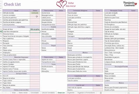 Planilha de organização geral do casamento Planejando Meu Casamento