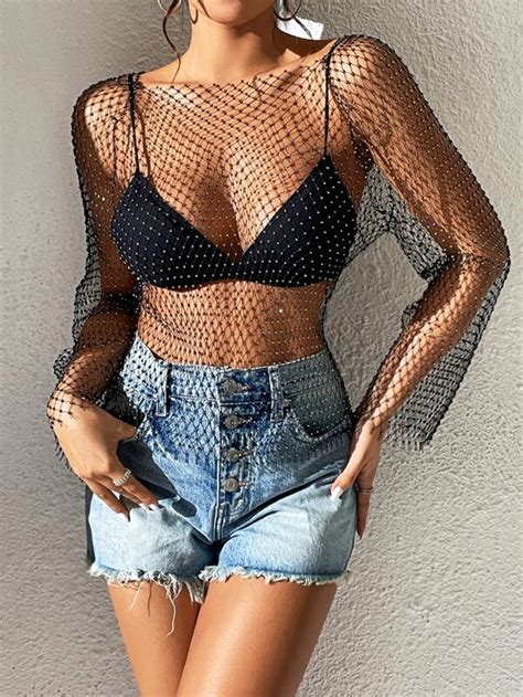 SHEIN Swim SXY Rhinestone Studded Fishnet Cover Up Without Bikini
